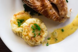 French Byron Potatoes with Grilled Salmon Steaks - G'day Soufflé