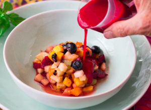 Fresh Fruit Minestrone with Mascarpone Pear Sorbet - G'day Soufflé